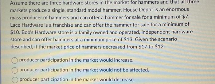 Solved Assume there are three hardware stores in the market | Chegg.com