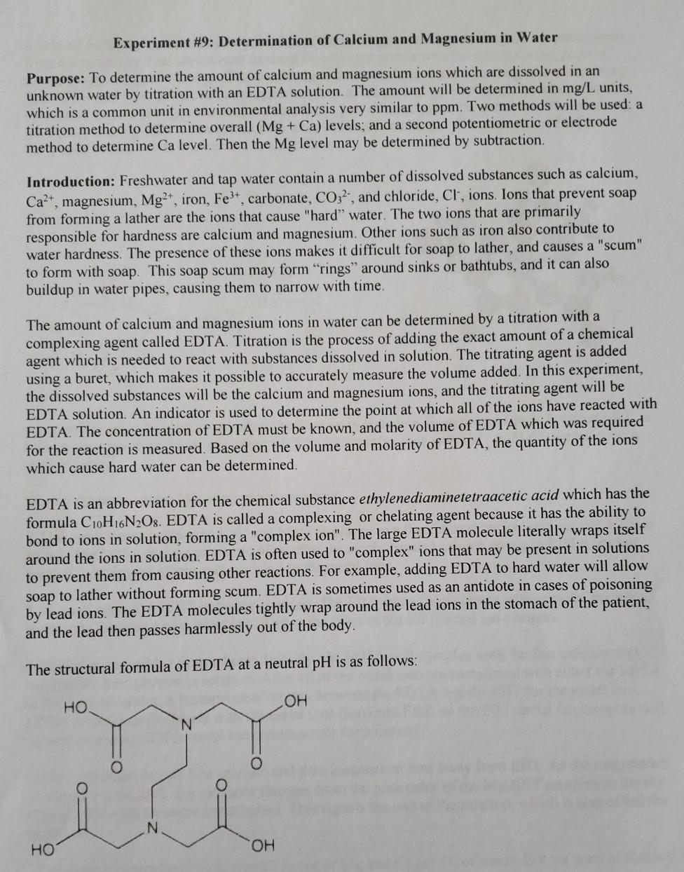 Solved Experiment #9 - Determination of Water Hardness via | Chegg.com