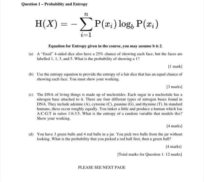 Solved Question 1-Probability and Entropy | Chegg.com