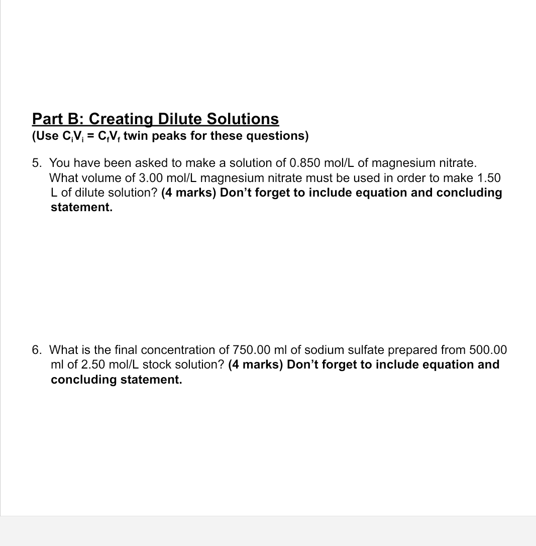 Solved Part B: Creating Dilute Solutions(Use CiVi=CfVf ﻿twin | Chegg.com