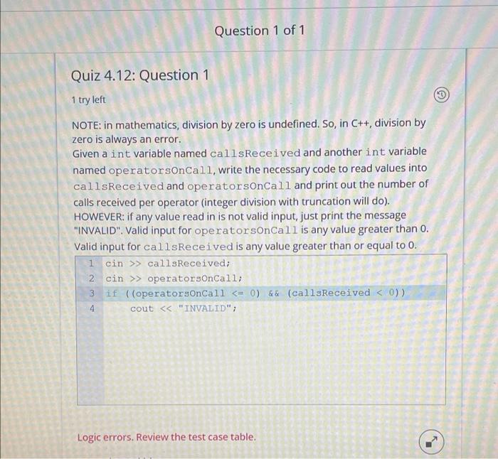 Solved Question 1 of 1 Quiz 4.12: Question 1 1 try left | Chegg.com