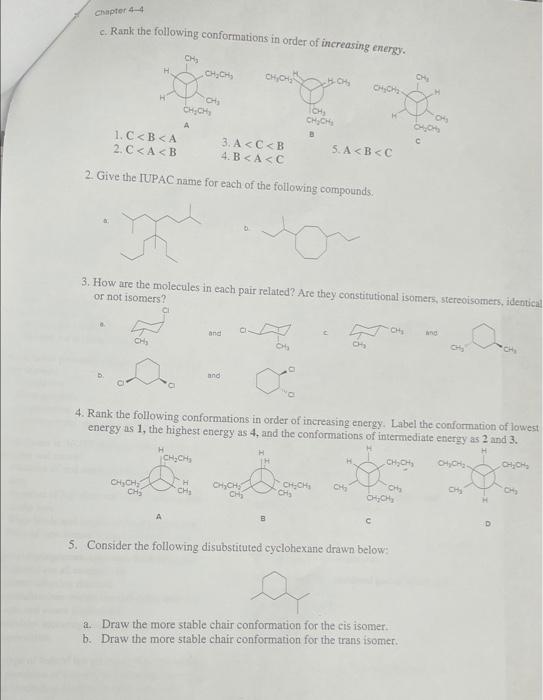 Solved c. Rank the following conformations in order of | Chegg.com