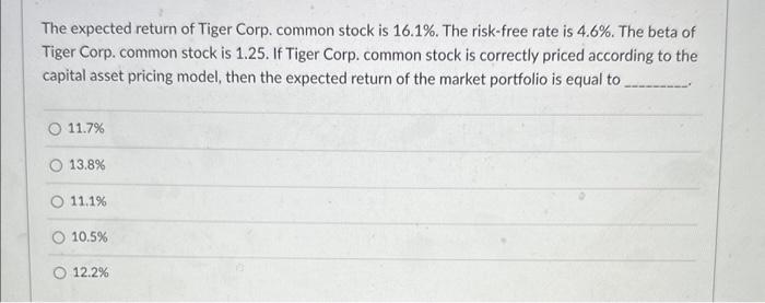 Solved The expected return of Tiger Corp. common stock is | Chegg.com