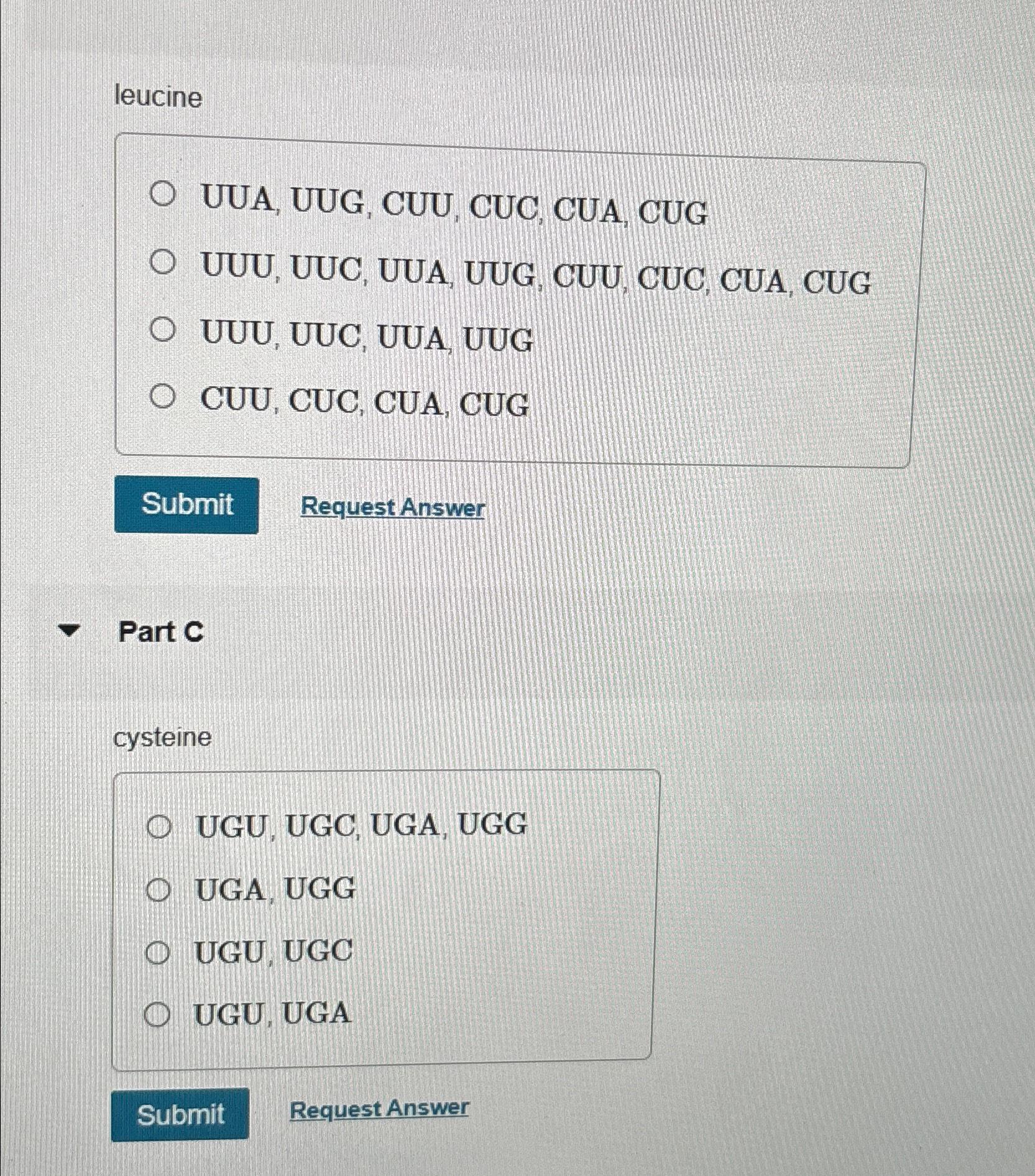 Solved leucineUUA, UUG, CUU, CUC, CUA, CUGUUU, UUC, UUA, | Chegg.com