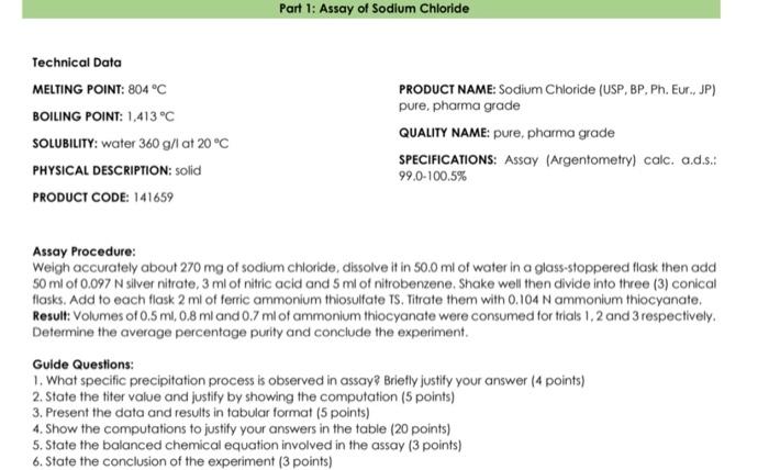 Solved Part 1: Assay of Sodium Chloride Technical Data | Chegg.com