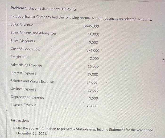 Solved Problem 1 (Income Statement) (19 Points) Cox | Chegg.com