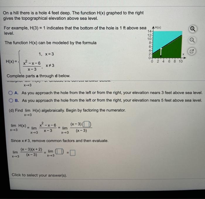 Solved On a hill there is a hole 4 feet deep. The function | Chegg.com