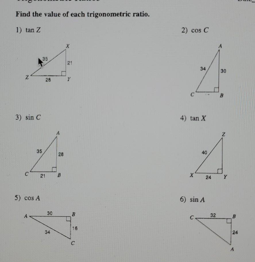 Solved Find the value of each trigonometric ratio. 1) tan Z | Chegg.com