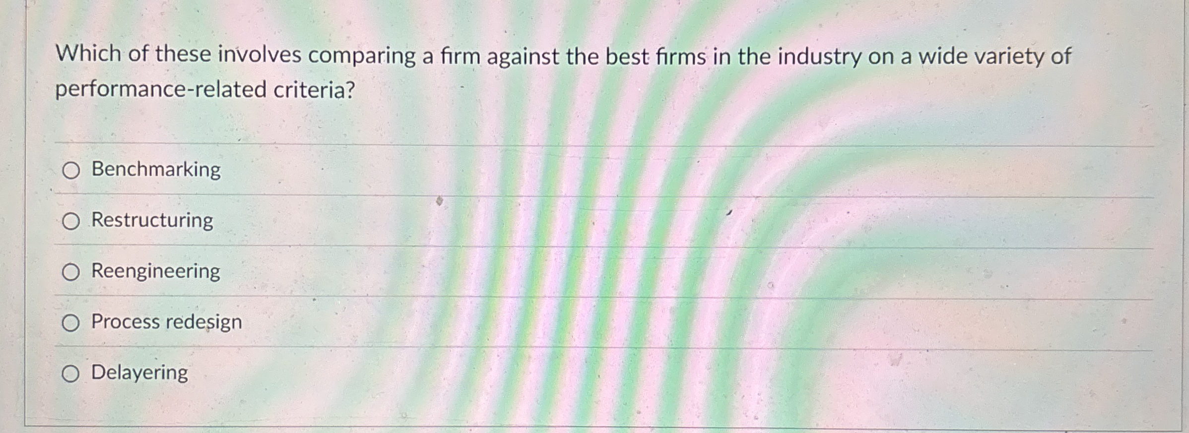 Solved Which of these involves comparing a firm against the | Chegg.com