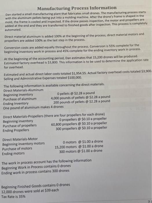 Solved Manufacturing Process Information Dan started a small | Chegg.com