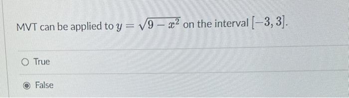 Solved MVT can be applied to y=9−x2 on the interval [−3,3]. | Chegg.com