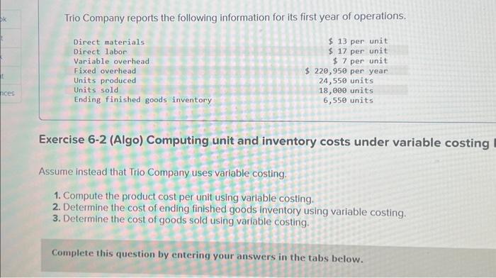 Solved Trio Company reports the following information for | Chegg.com