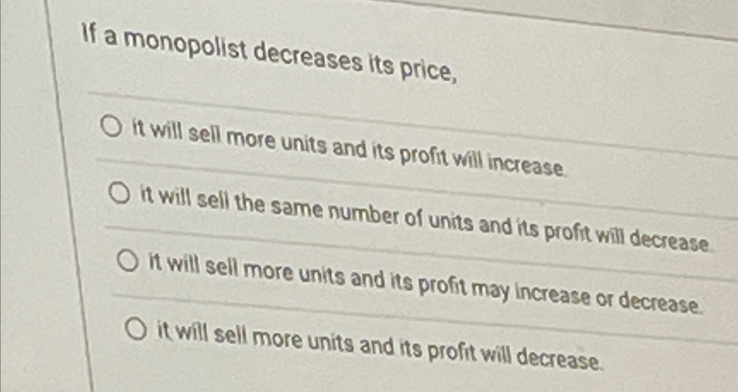 Solved If a monopolist decreases its price,It will sell more | Chegg.com