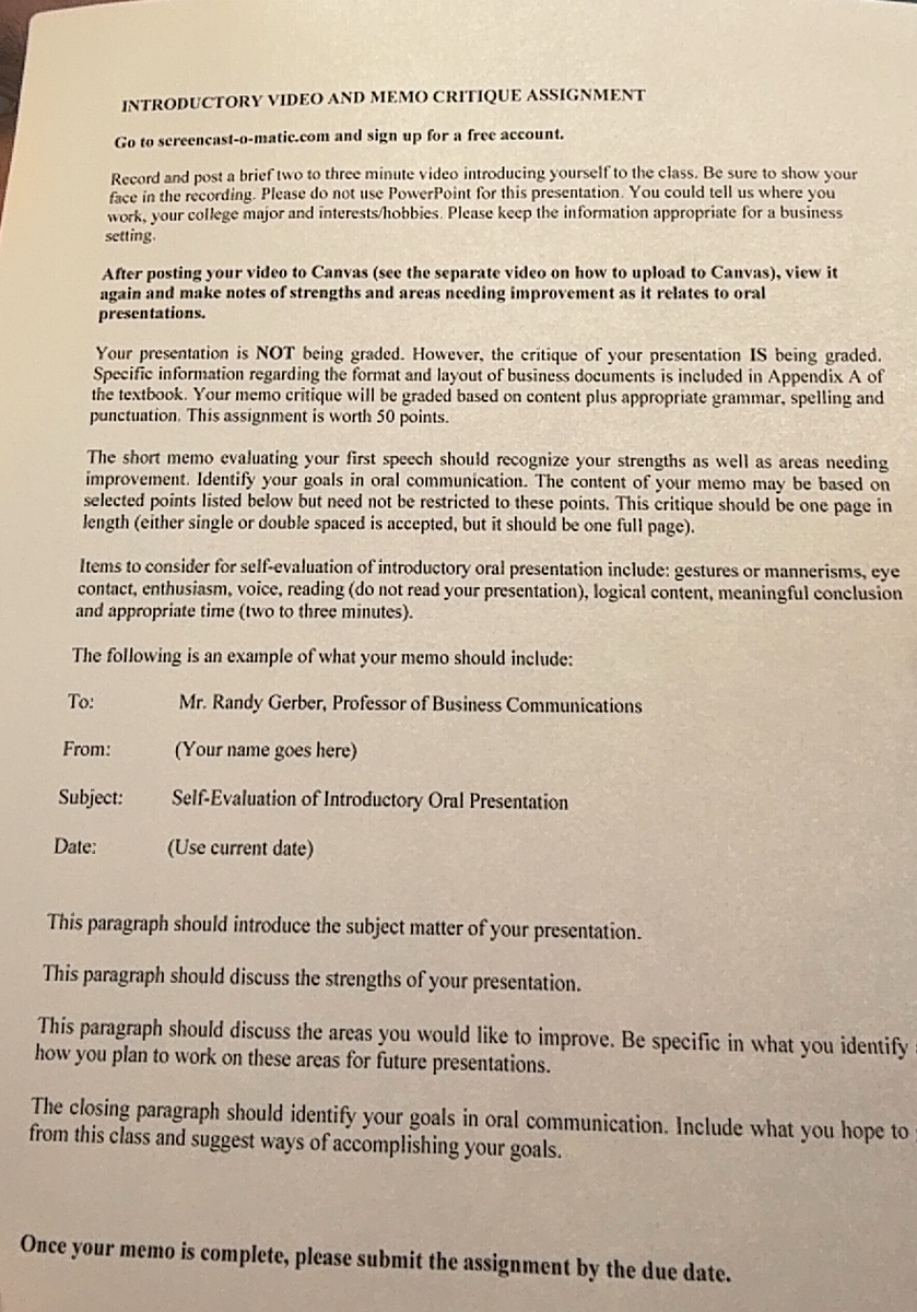 Solved INTRODUCTORY VIDEO AND MEMO CRITIQUE ASSIGNMENTGo to | Chegg.com