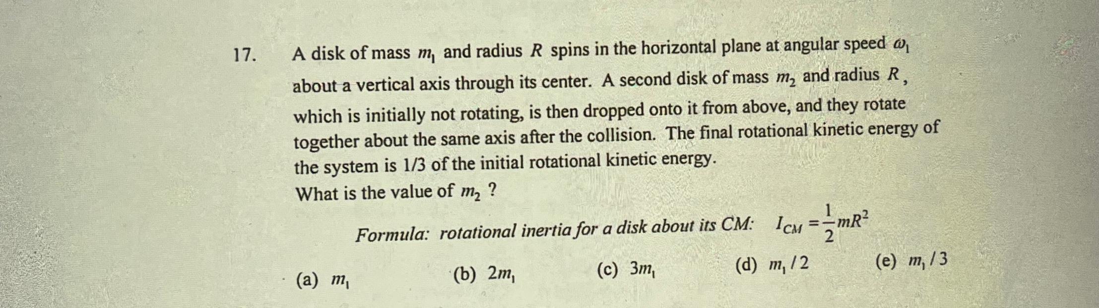 Solved A disk of mass m1 ﻿and radius R ﻿spins in the | Chegg.com