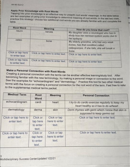 Solved Apply Prior Knowledge with Root Words Tapping into | Chegg.com