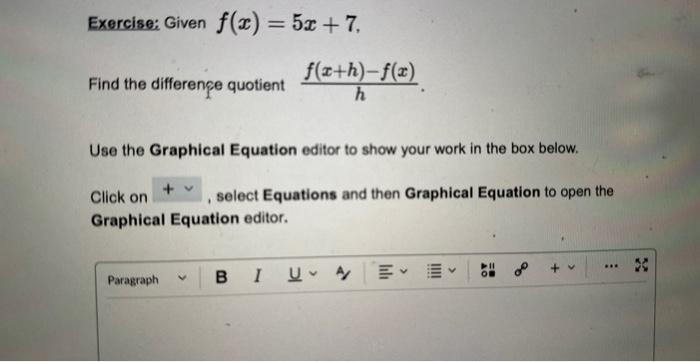Solved Exercise: Given f(x)=5x+7, Find the differense | Chegg.com