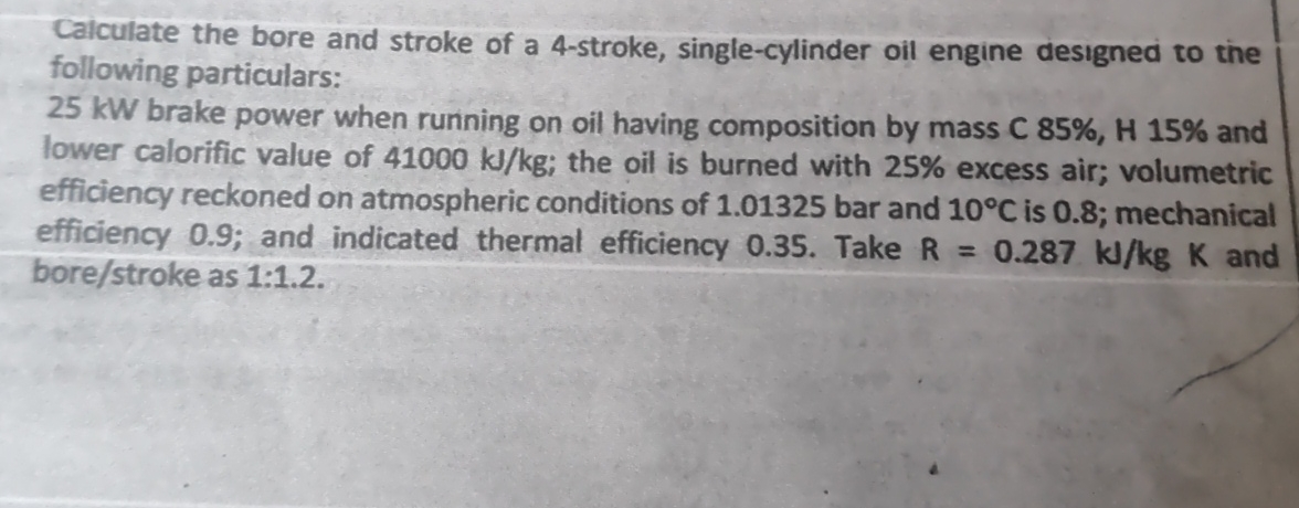 Calculate the bore and stroke of a 4 -stroke, | Chegg.com