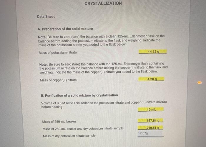 Solved CRYSTALLIZATION Data Sheet A. Preparation of the | Chegg.com