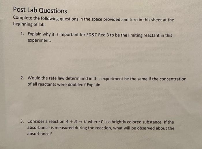 Post Lab Questions Complete the following questions | Chegg.com