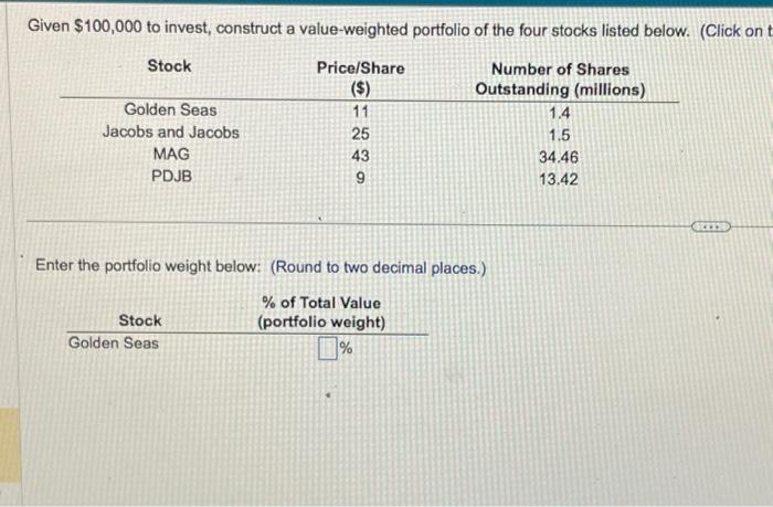 Solved Given $100,000 to invest, construct a value-weighted | Chegg.com
