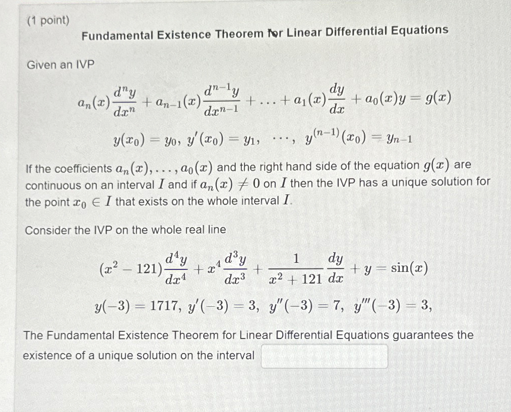 Solved (1 ﻿point)Fundamental Existence Theorem For Linear | Chegg.com