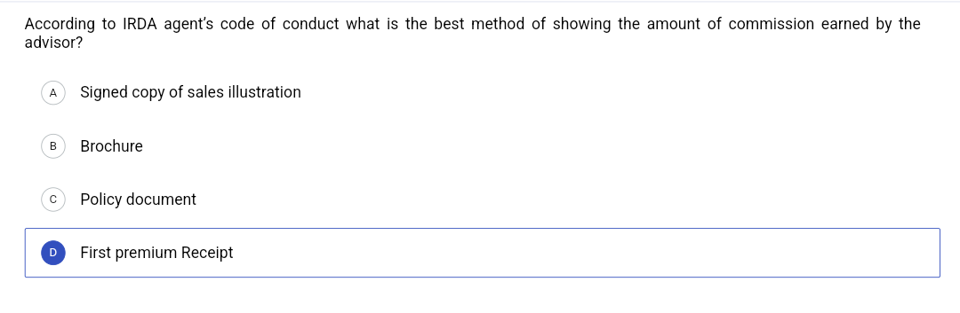 Solved According to IRDA agent's code of conduct what is the | Chegg.com