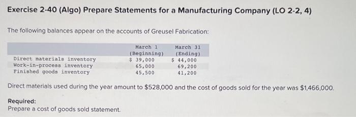 Solved Exercise 2-40 (Algo) Prepare Statements for a | Chegg.com
