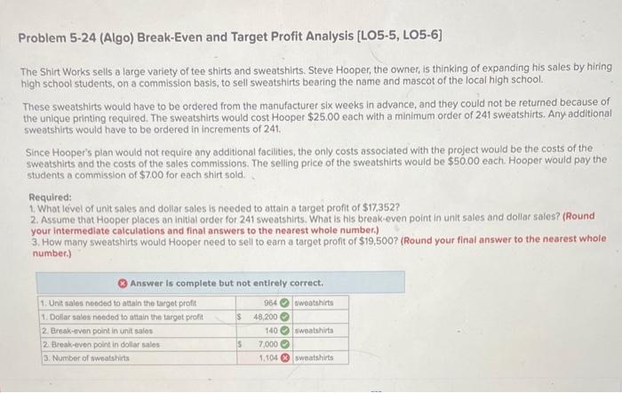 Solved Problem 5-24 (Algo) Break-Even and Target Profit | Chegg.com Solved Problem 5-24 (Algo) Break-Even and Target Profit | Chegg.com