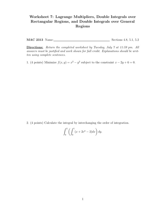 Solved Worksheet 7: Lagrange Multipliers, Double Integrals | Chegg.com