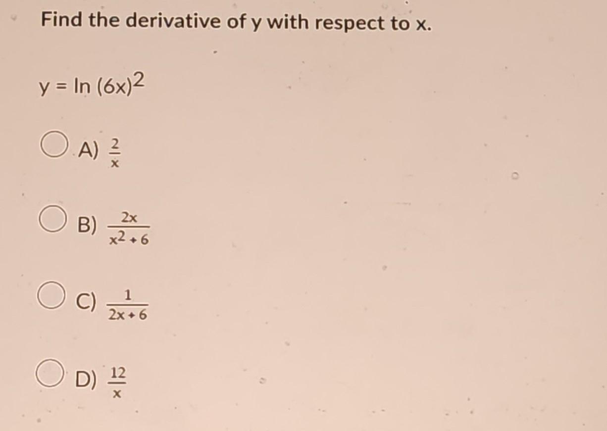 Solved Find the derivative of y with respect to x. y=ln(6x)2 | Chegg.com