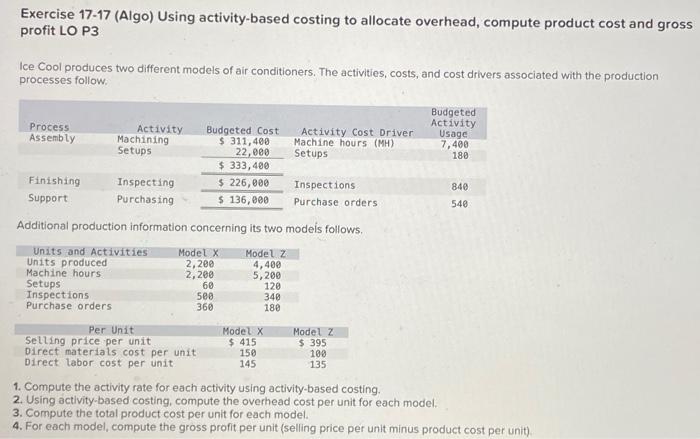Solved Exercise 17-17 (Algo) Using activity-based costing to | Chegg.com