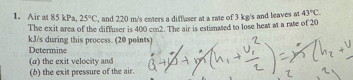 Solved Air at 85kPa,25°C, ﻿and 220ms ﻿enters a diffuser at a | Chegg.com