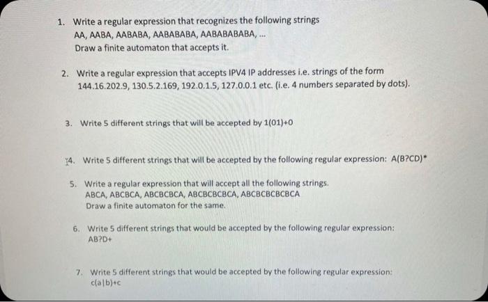 Solved 1. Write a regular expression that recognizes the | Chegg.com