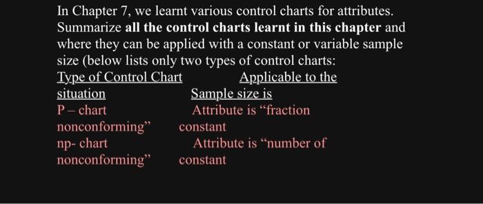 Solved In Chapter 7, we learnt various control charts for | Chegg.com