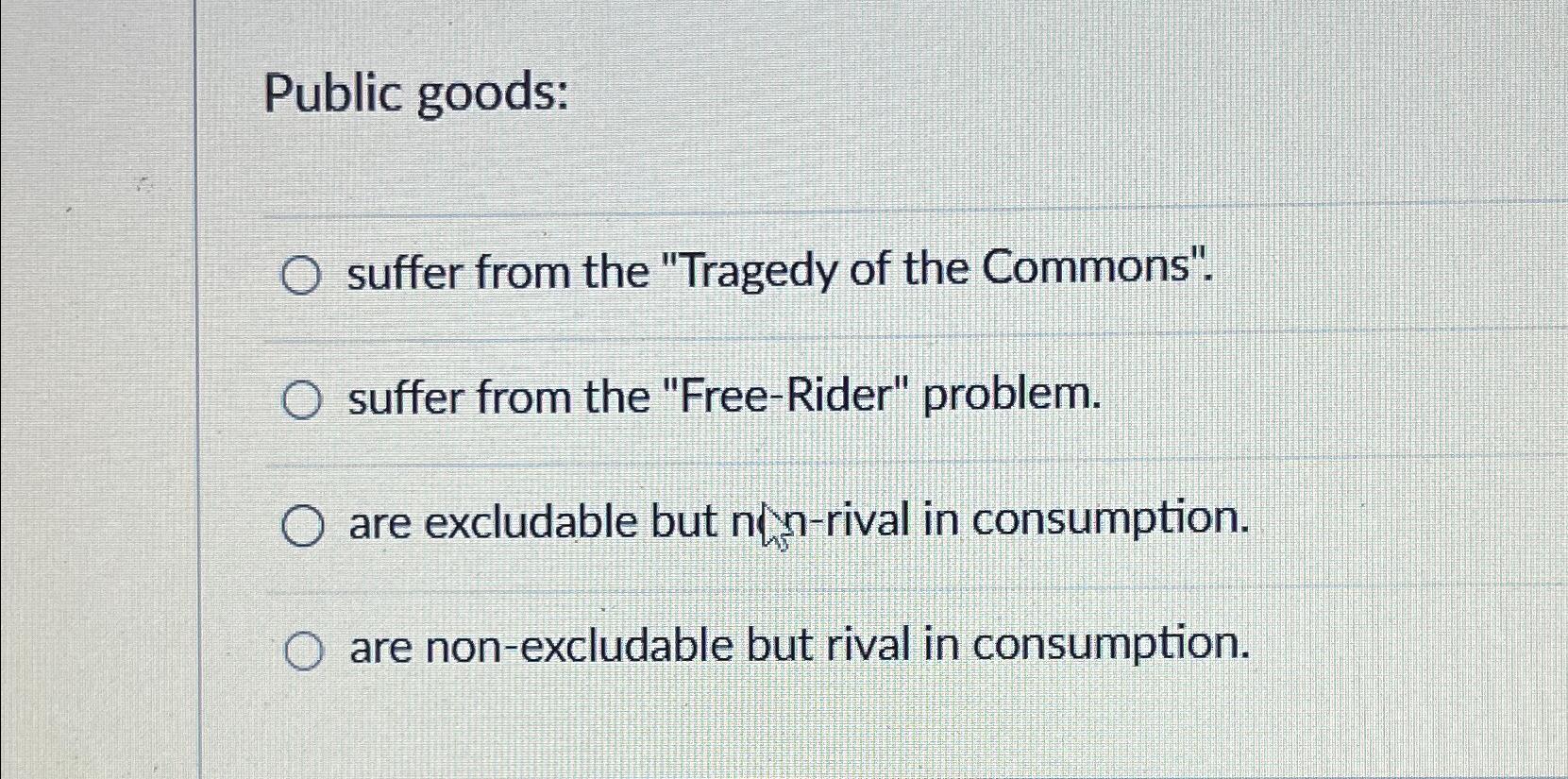 Solved Public goods:suffer from the "Tragedy of the | Chegg.com