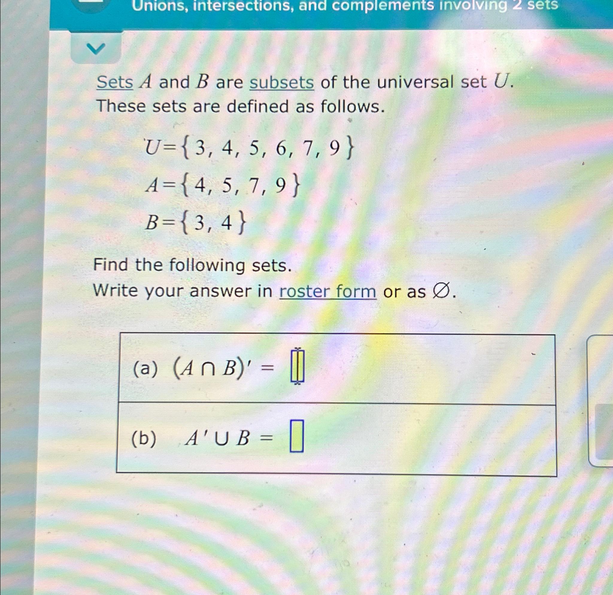 Solved Sets A and B ﻿are subsets of the universal set U. | Chegg.com