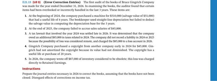 Solved E21.15 (LO 3) (Error Correction Entries) The first | Chegg.com