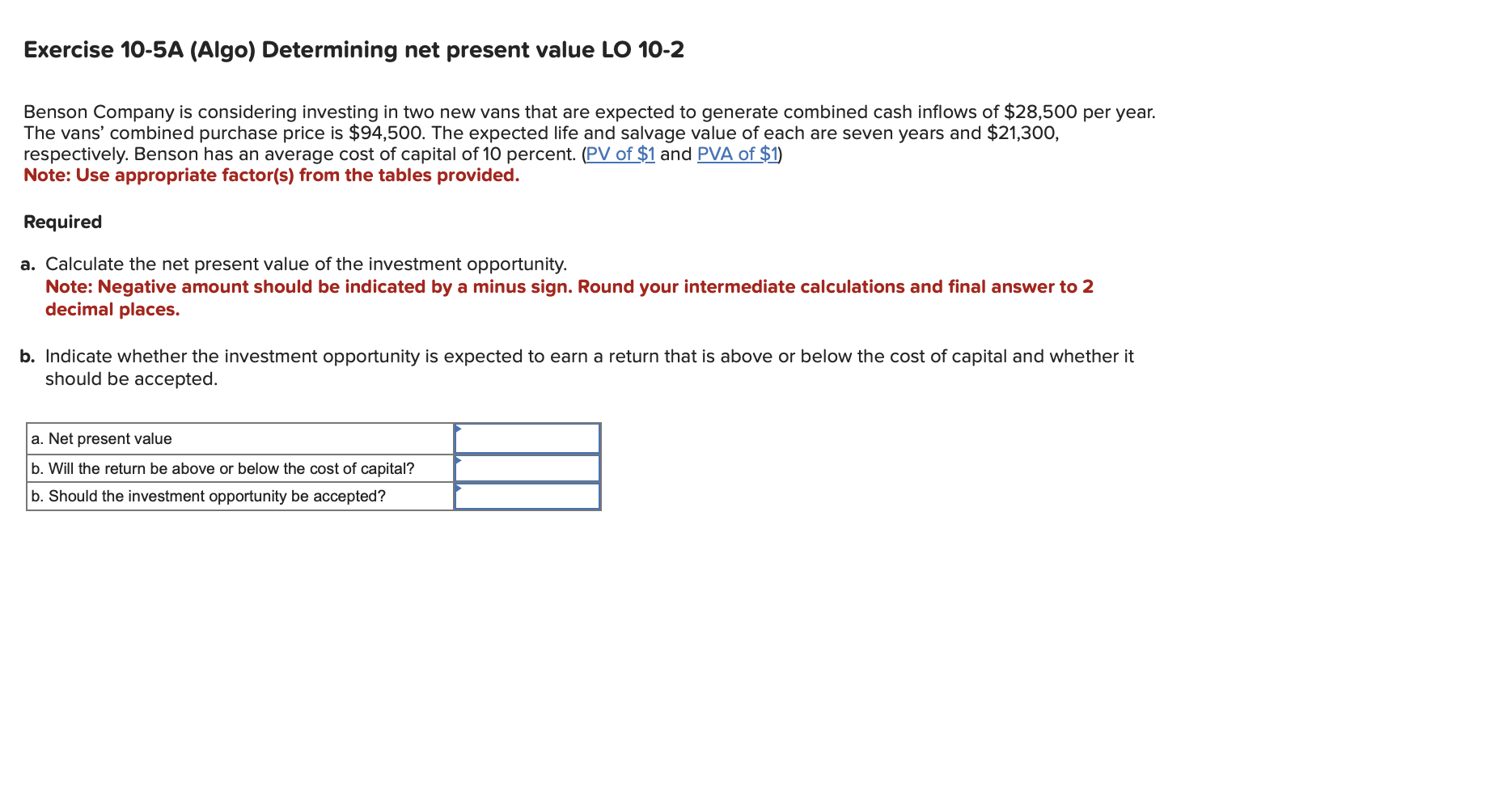 Exercise 10-5A (Algo) ﻿Determining net present value | Chegg.com