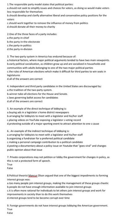 Solved 1. The responsible party model states that political | Chegg.com