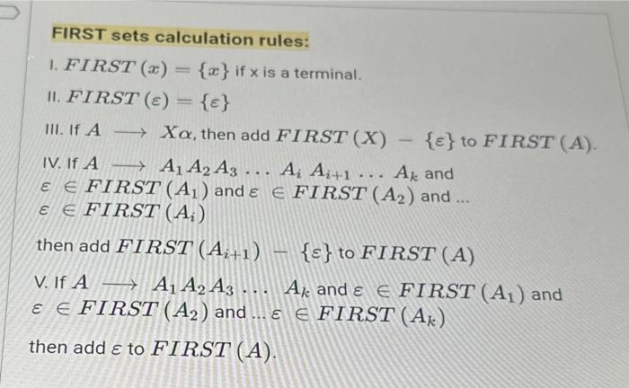 Solved FIRST sets calculation rules: 1. FIRST(x)={x} if x is | Chegg.com