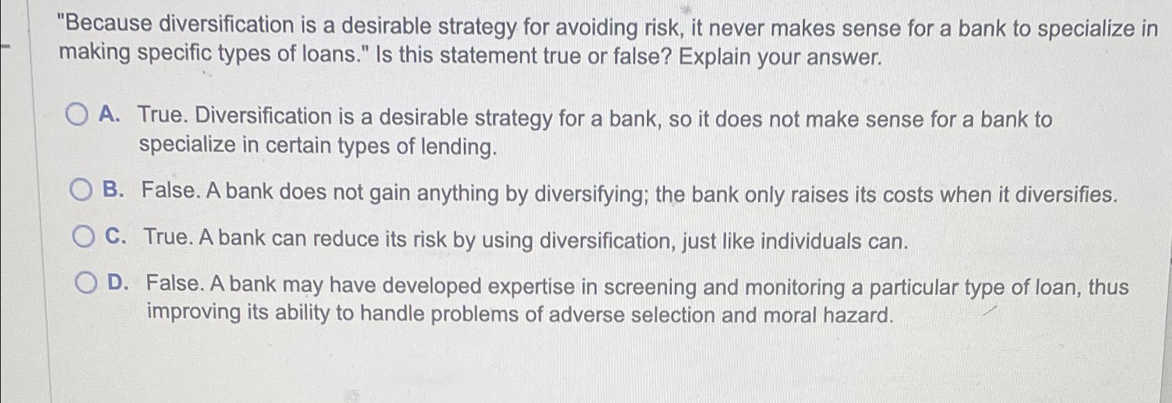 Solved "Because diversification is a desirable strategy for | Chegg.com