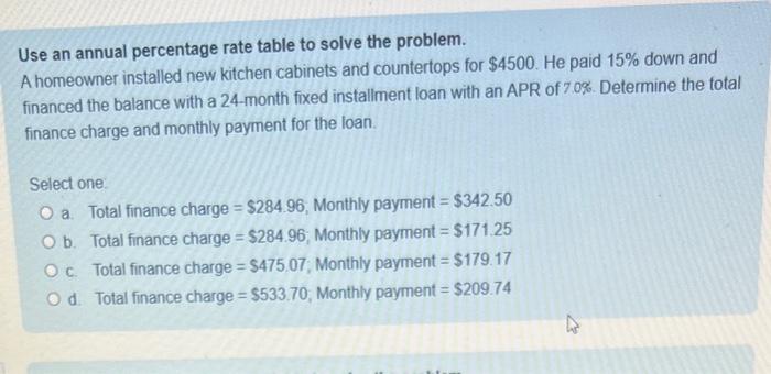 Solved Use an annual percentage rate table to solve the | Chegg.com