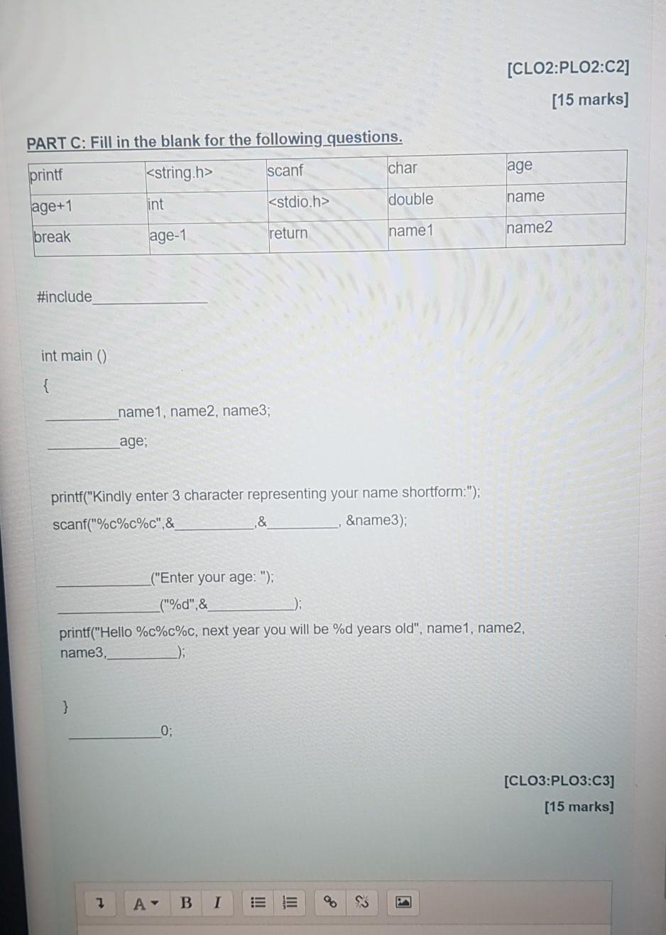 Solved [CLO2:PLO2:02] [15 marks] PART C: Fill in the blank | Chegg.com