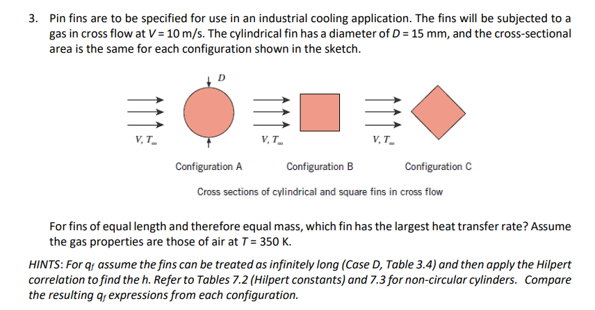 Solved 3. ﻿Pin fins are to be specified for use in an | Chegg.com