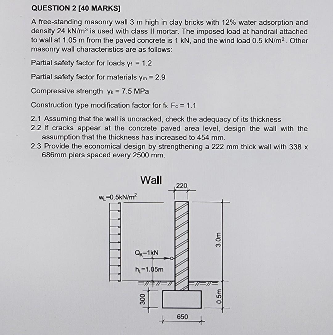 A free-standing masonry wall 3 m high in clay bricks | Chegg.com