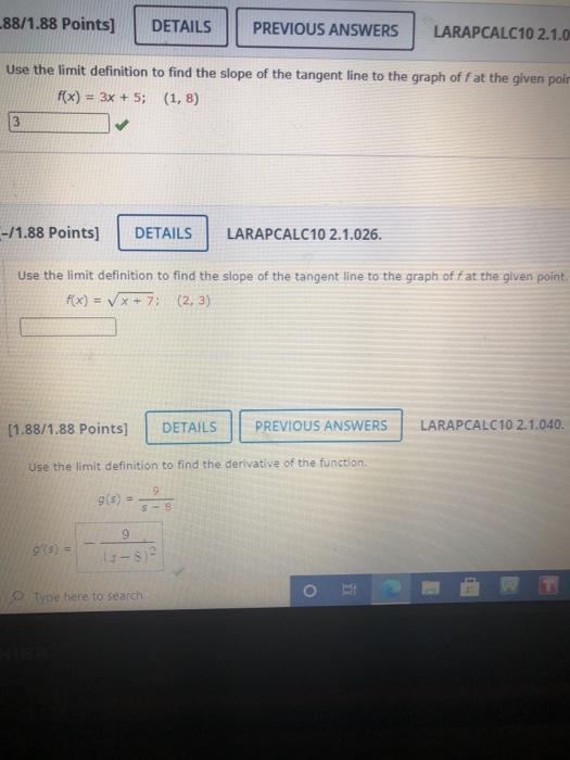 Solved _88/1.88 Points] DETAILS PREVIOUS ANSWERS LARAPCALC10 | Chegg.com