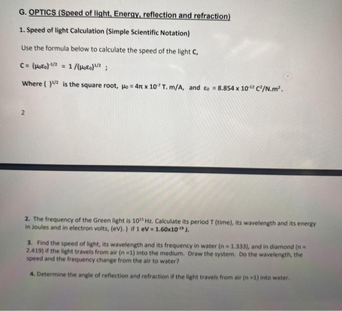 Solved G. OPTICS (Speed of light, Energy, reflection and | Chegg.com