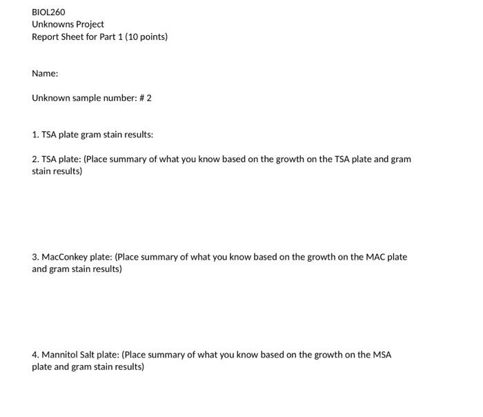 Solved BIOL 260 Unknowns Lab Part 1: Data Unknown Sample | Chegg.com