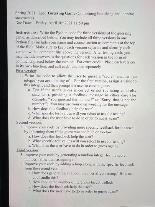 Solved Spring 2021 Lab: Guessing Game (Combining branching | Chegg.com